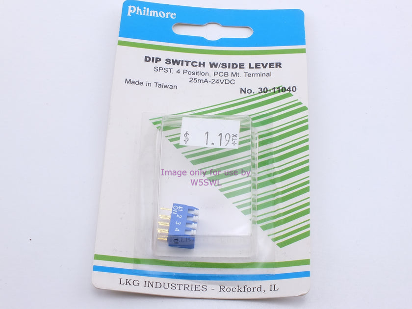 Philmore 30-11040 Dip Switch w/Side Lever SPST 4 Position PCB Mt. 25mA ...